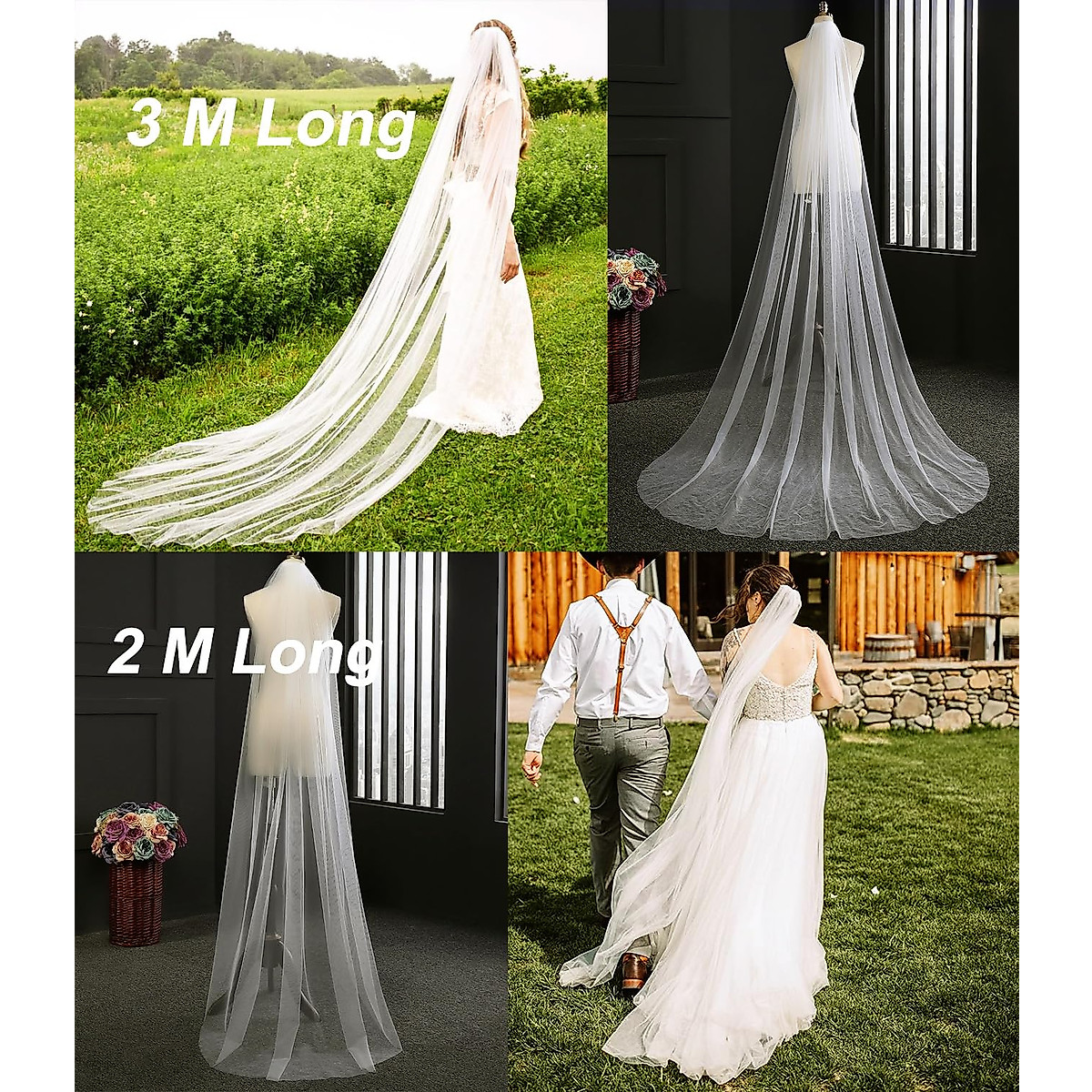 EllieHouse 1 Tier Plain Tulle Wedding Bridal Veil With Metal Comb Ivory 2M