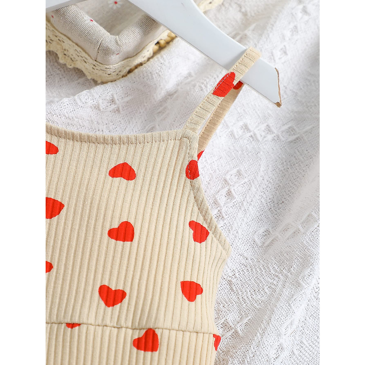 BOUTIKOME Toddler Baby Girl Valentine's Day Outfits Bell Bottom Romper Love Heart Strap Sleeveless One Piece Jumpsuit(Beige,4-5T)