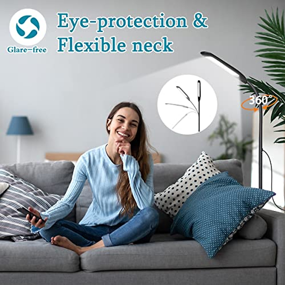 Joymon LED Floor Lamp, Adjustable Gooseneck Standing Lamp with 3 Color Temperature 3000K-6000K and 10-100% Stepless Dimmer, 2 in 1 Modern Desk Reading Lamp for Living Room, Bedroom and Office, Black
