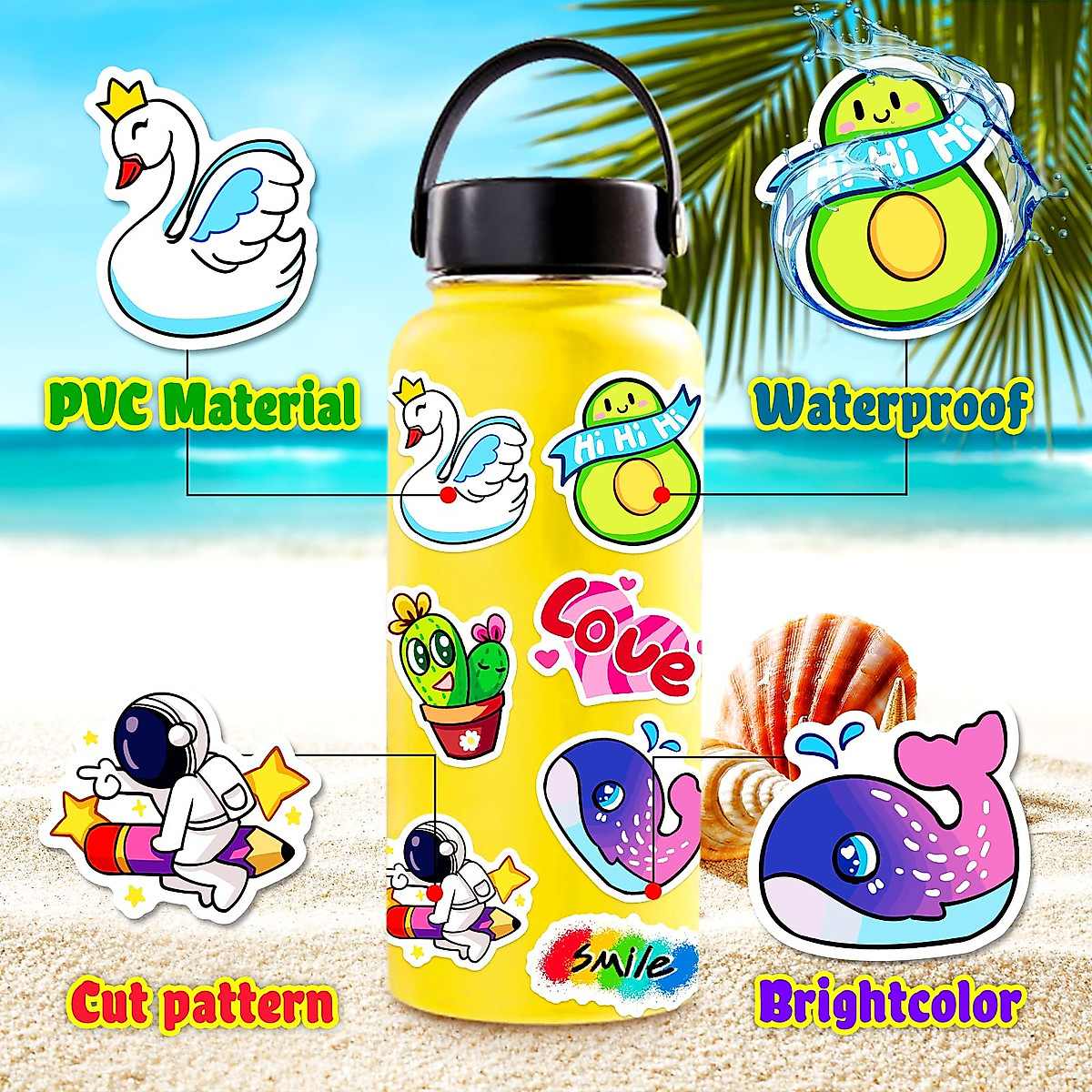 600Pcs Stickers for Kids, Water Bottle Stickers, Vinyl Waterproof Scrapbook Cute Bulk Stickers Pack for Laptop Skateboard Computer Guitar, Mixed Colorful Cool Stickers for Teens Kids Boys Girls