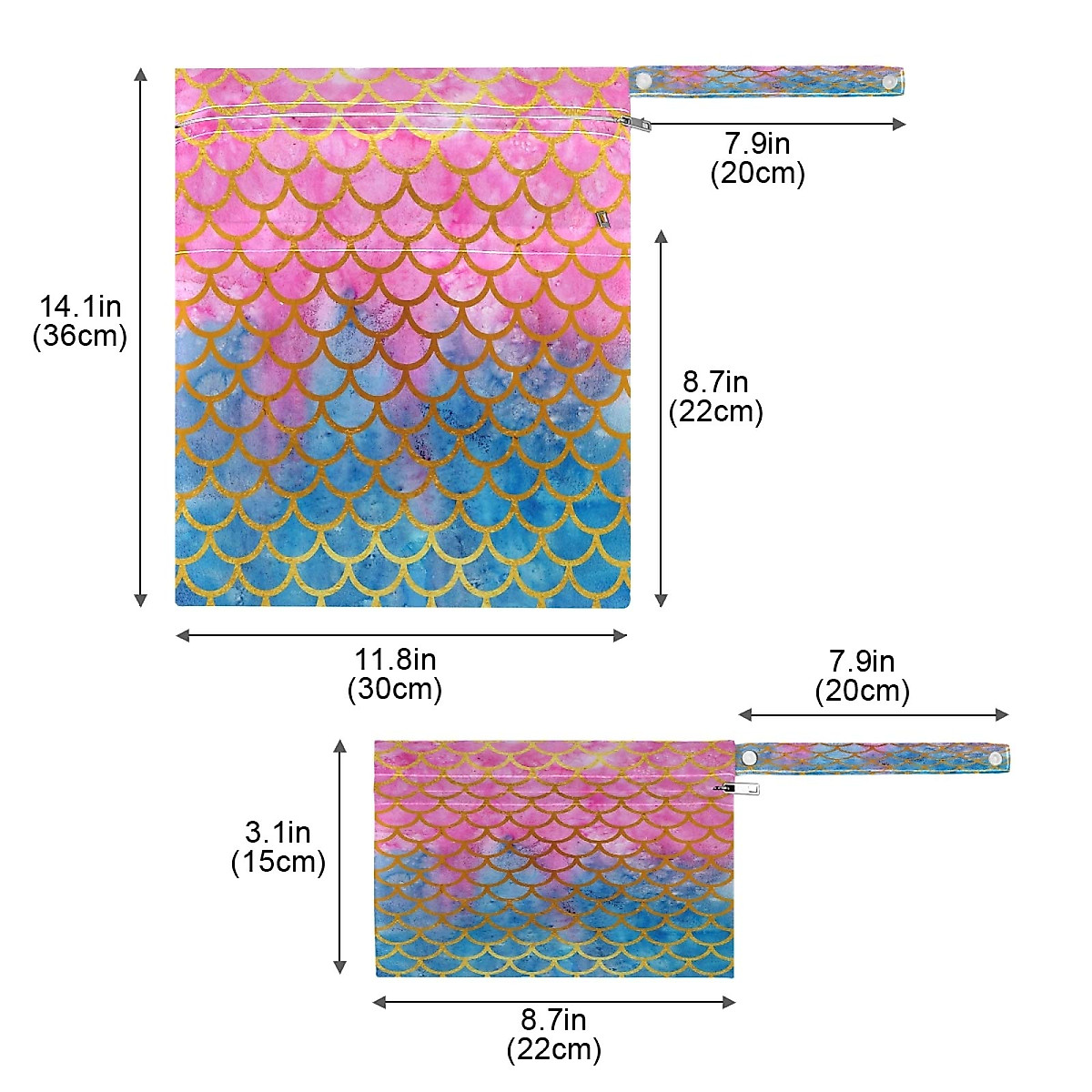 Sea Mermaid Scales Wet Dry Bags Sets Colorful Cute Baby Cloth Diaper Bag Waterproof Reusable Organizer with Two Zippered Pockets Beach Travel Washable Bag for Swimsuits Wet Clothes 2 pcs