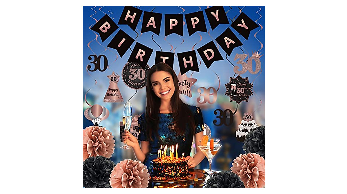 Rose Gold & Black 30th Birthday Party Decorations Set