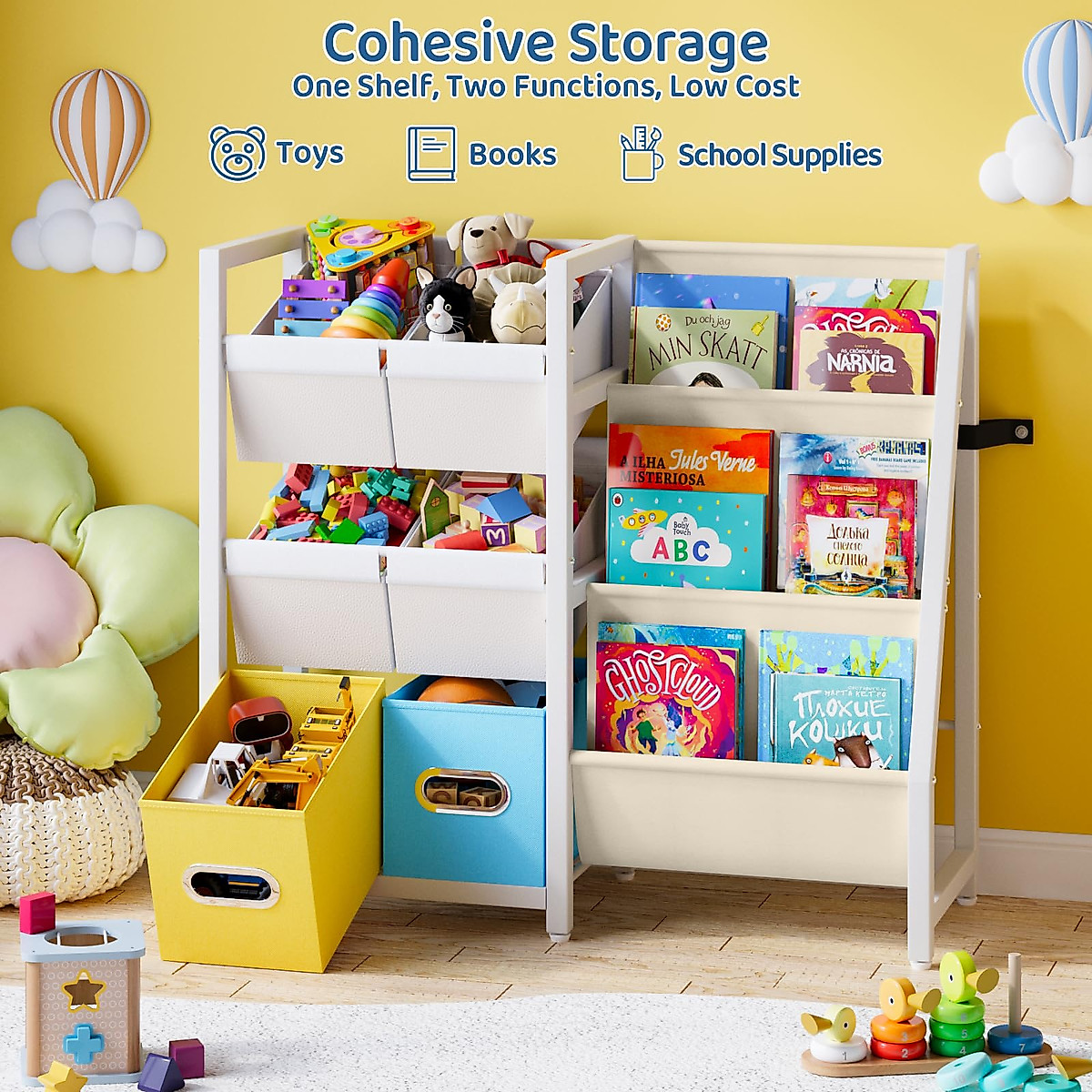 Kids Bookshelf Toy Storage Organizer - Book Shelf for Kids Rooms, 6 Toy Bins for Kids Organizer and 3 Sling Kids Bookcase, Toddler Baby Montessori Nursery Bookshelf Childrens Book Rack Display