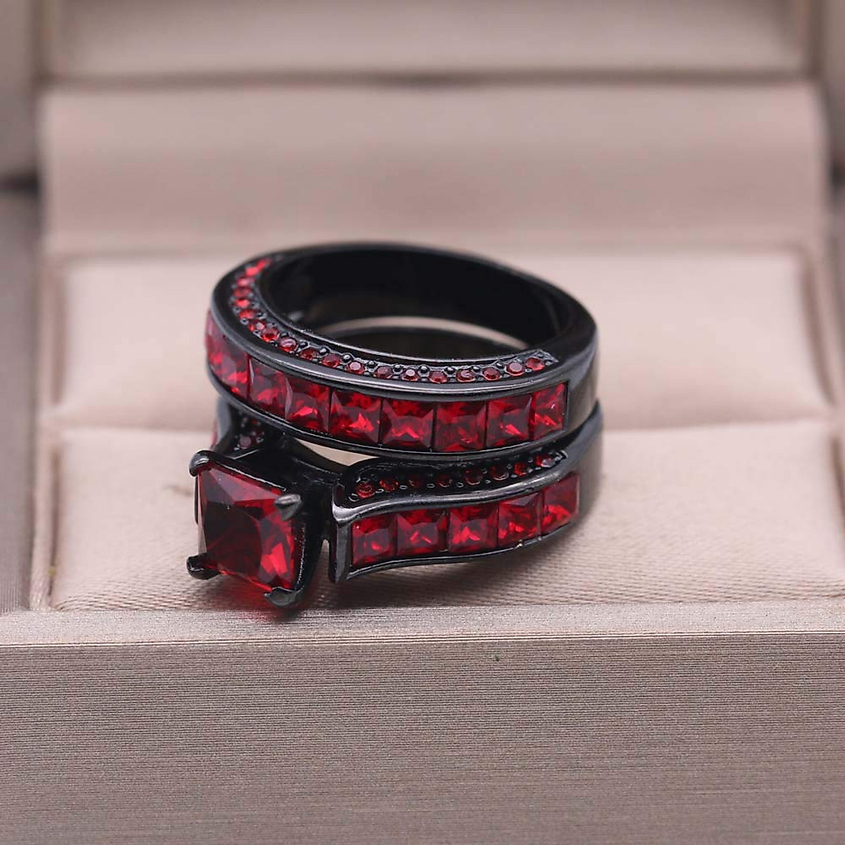 Black Gold Plated Womens Wedding Ring Sets Bridal Sets Princess cut Red Cz Engagement Ring Wedding Bands