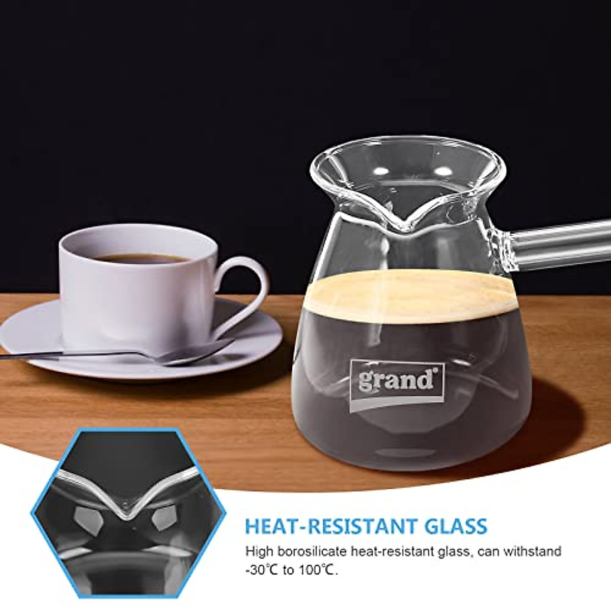 450ML Borosilicate Glass Turkish Coffee Pot Stovetop Tea Maker with Handle Heat Resistant Milk Warmer Hot Chocolate or Butter Melting Pot for Home