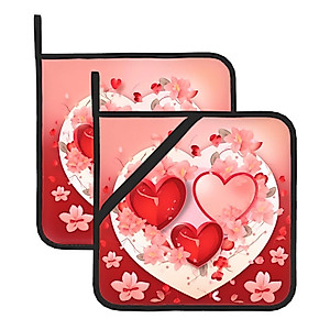 Mother's Day with Red Hearts Pot Holders Sets 2-Piece Set Washable Decorative Kitchen Gift for Cooking Baking BBQ