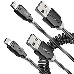 Coiled Lightning Cable for Car 2 Pack, Terasako Coil iPhone Charger Cable Compatible with iPhone 12Pro Max/12Pro/12/11/XS/XS Max/XR/X/8/8 Plus/iPad/iPod - Black
