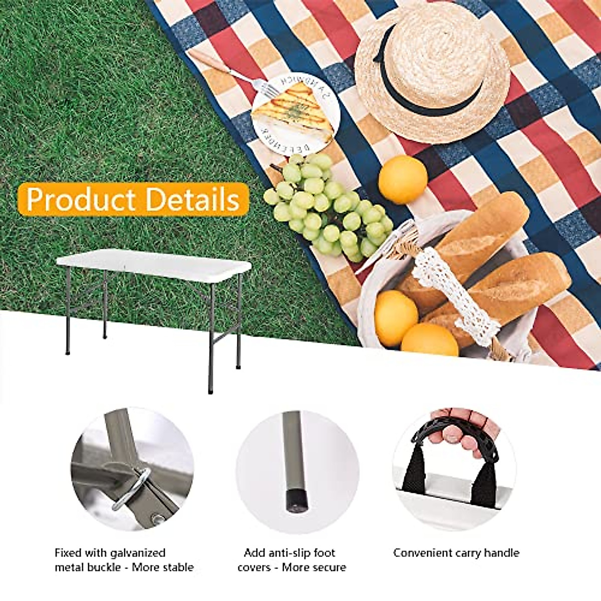 4 ft Heavy Duty Plastic Folding Table, Portable Folding Camping Table Picnic Table Utility Table Game Table w/Handle, for 48D x 30W x 24H in F01T F01T