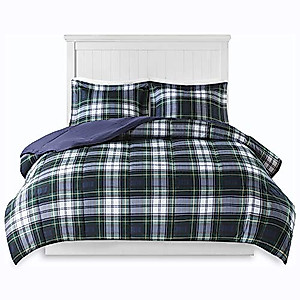 Madison Park Essentials Parkston Plaid Comforter, Matching Sham, 3M Scotchguard Stain Release Cover, Hypoallergenic All Season Bedding-Set, Full/Queen, Navy, 3 Piece