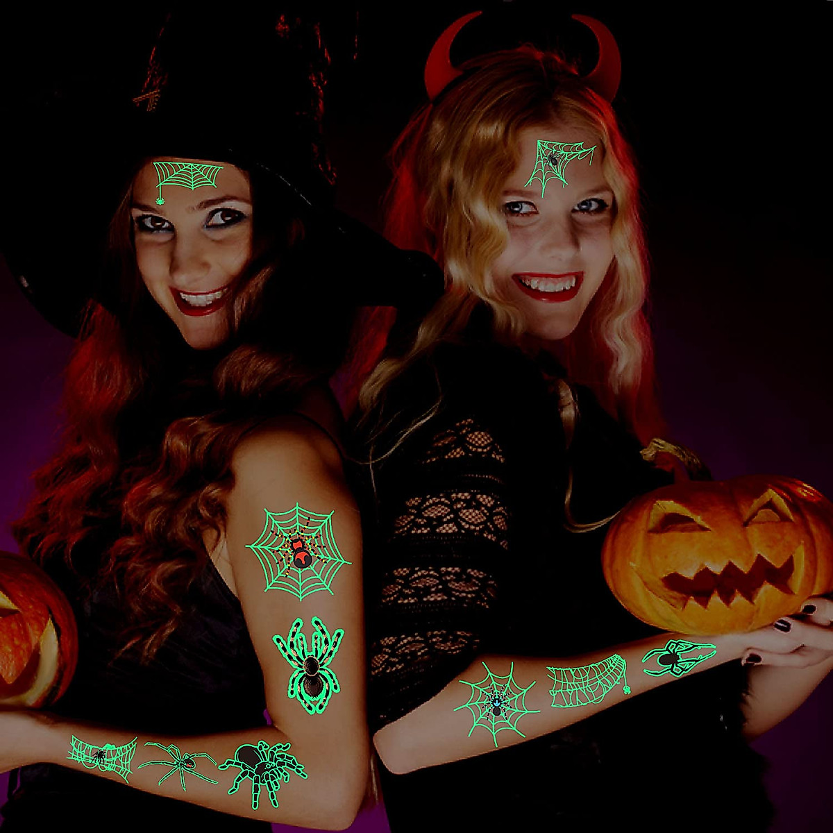 Cerlaza 10 Sheets Glow Spider Web Temporary Tattoos for Halloween Decorations, Fake Small Spider Tattoos for Halloween Party Games Favors, Halloween Treats Gifts for Adults Kids