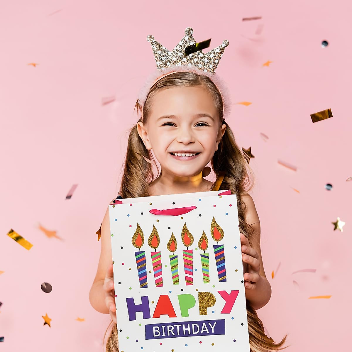 Dimetey 2 Pack 12.6" Large Gift Bag with Tissue Paper and Happy Birthday Card for Birthdays (Pink)