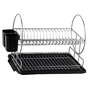 Deluxe Chrome-plated Steel 2-Tier Dish Rack with Drainboard/Cutlery Cup (BlackII)