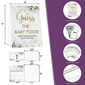 Guess The Baby Food Party Games Sign，Gold, Green Eucalyptus Baby Shower Game Set(1 Standing Sign + 20 Answer Cards + 6 Number Cards)，Neutral Baby Bathing Game