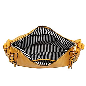 FashionPuzzle Faux Leather Two Front Zipper Pocket Crossbody Saddle Bag (Mustard) One Size