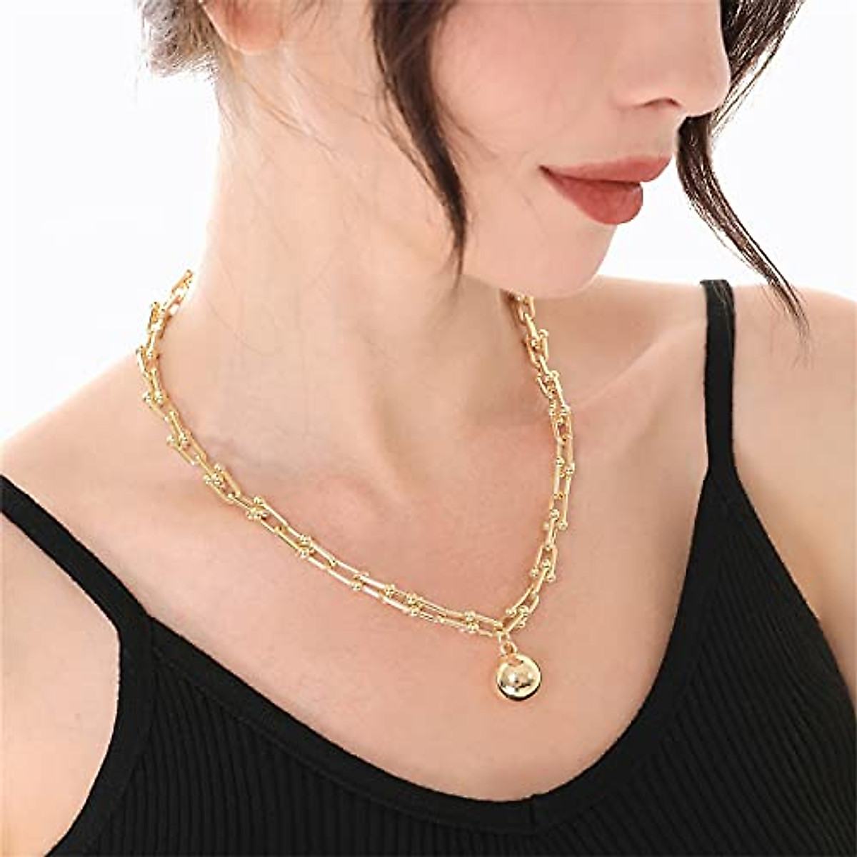 FAY & LOUIS Chunky Gold Chain Big Link Necklaces for Women 14K Gold Plated Paperclip U Shape Link Chain Choker Paper Clip Trendy Pendant Cute Jewelry Collares De Mujer De Moda