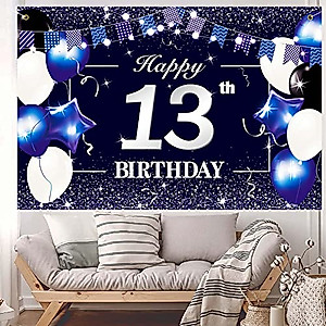 P.G Collin Happy 13th Birthday Banner Backdrop Sign Background 13 Birthday Party Decorations Supplies for Boys Kids 6*4ft Blue White 13