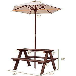 Costzon Kids Picnic Table, Wooden Table & Bench Set w/Removable & Foldable Umbrella, Toddler Patio Set for Backyard, Garden, Lawn, Girls & Boys Gift, Kids Table and Chair Set for Outdoors (Natural)