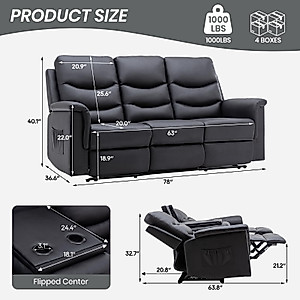 Consofa Reclining Sofa, Recliner Sofa 3 Seater with Flipped Middle Backrest,Cup Holder, Wall Hugger Sofa Recliners, Manual Reclining Couch for Living Room, RV Home Theater Seating