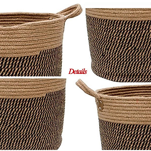 Douup Cotton Hemp Rope Basket Storage with Handles, Woven Laundry Basket, Natural Cotton Woven Storage Basket for Diapers, Nursery, Toys, Towels (13.7Inchx 11.8Inch),Brown