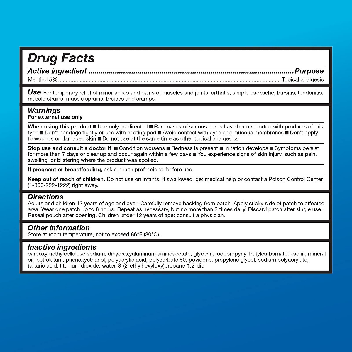 Amazon Basic Care Medicated Cold Hot 5% Menthol Patch, 7.87” x 3.93”, 15-Count Box (Previously HealthWise)