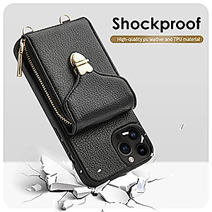 JLFCH ROMIELA Series iPhone 14 Pro Wallet Case, Crossbody Chain Strap Case Zipper Leather Purse RFID Blocking with Card Holder Lanyard Women Protective for Apple iPhone 14 Pro, 6.1 inch - Black