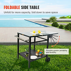 VEVOR Outdoor Grill Dining Cart with Double-Shelf, BBQ Movable Food Prep Table, Multifunctional Foldable Iron Table Top, Portable Modular Carts for Pizza Oven, Worktable with 2 Wheels, Carry Handle