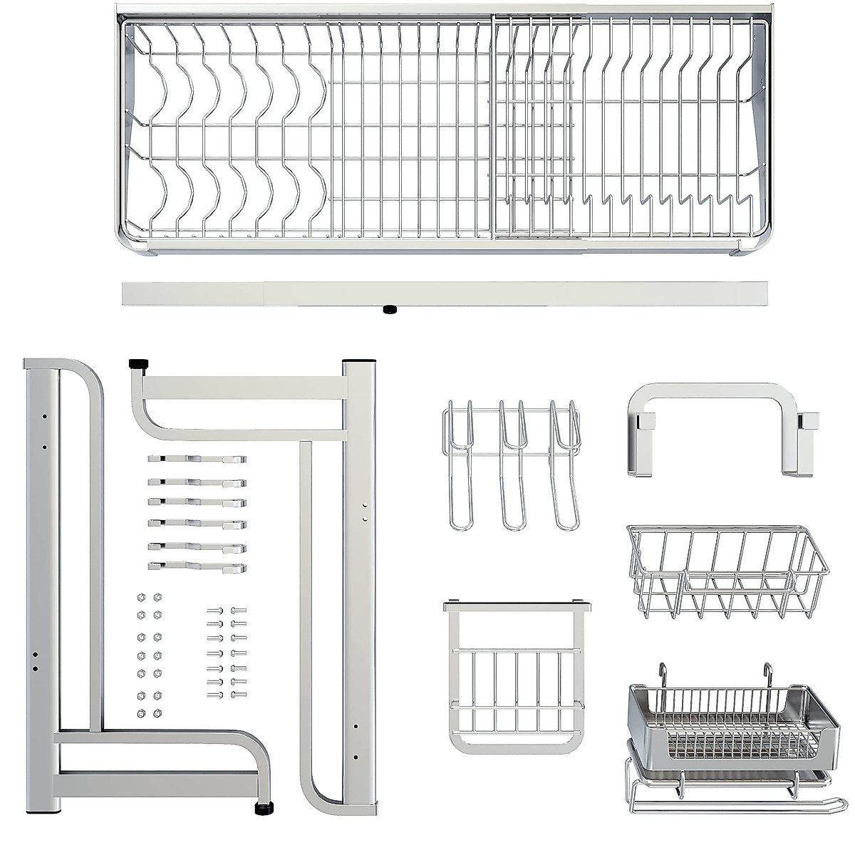 LIVOD Over The Sink Dish Drying Rack, 2 Tier Stainless Steel Over Sink Dish Drying Rack Adjustable (25.6"-37.6"), Large Over Sink Dish Rack for Kitchen Space Saving, Silver