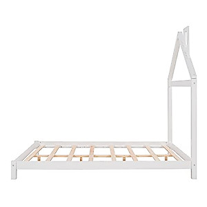 Lifeand Full Size Wood Platform Bed with House-Shaped Headboard for Kids Teens,No Box Spring Required,White
