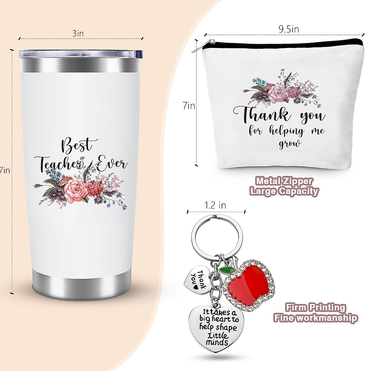 Teacher Appreciation Gifts, Teacher Gifts for Women, Teacher Birthday Thank You Gifts, Best Teacher Gifts - Tumbler Stainless Steel Teacher Mug with Lid Teacher Keychain Makeup Bag for Teachers Women