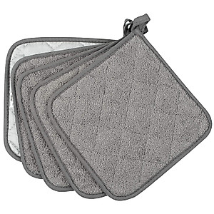 100% Cotton Kitchen Everyday Basic Terry Pot Holder Heat Resistant Coaster Potholder for Cooking and Baking Set of 5 Grey