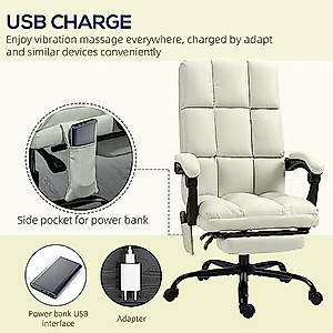 Vinsetto Massage Office Chair with 4 Vibration Points, Reclining Computer Chair with USB Port and Footrest, Cream White