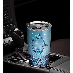 20oz Blue Jewelry Dolphin Tumbler, Gifts for Dolphin Lovers, Sea Ocean Gifts, Coffee Thermos for Women, Stainless Steel Double Wall Vacuum Insulated Coffee Mug, Travel Cup with Lid