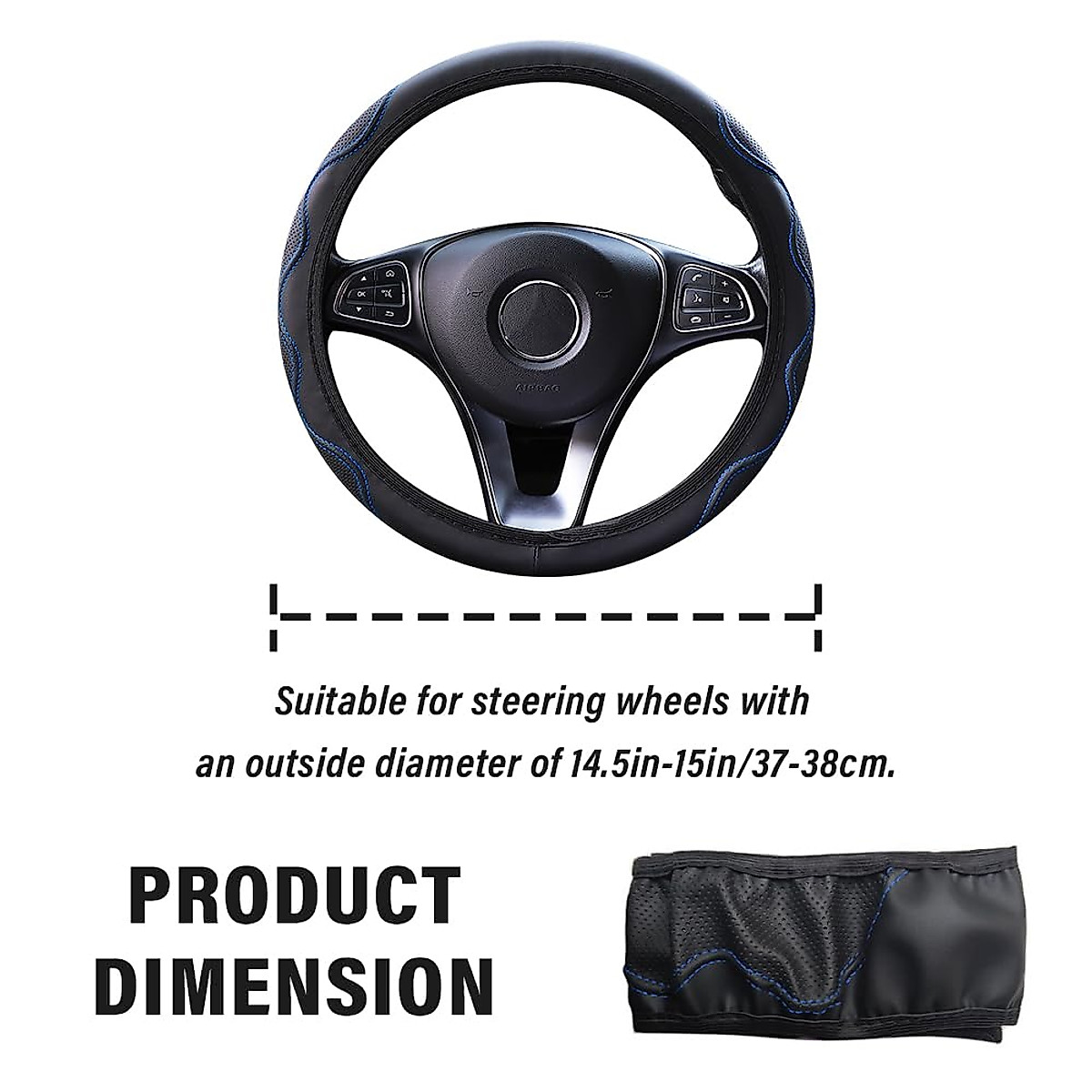 OFBAND Breathable Car Steering Wheel Covers,Anti-Slip Leather Steering Wheel Cover with Elastic for Car Decorations,Universal Car Accessories Interior 15 Inch Steering Wheel Protector (Black Blue)