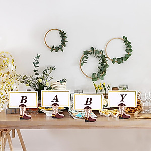 Kigley 18 Pcs Cowboy Boots Wooden Ornaments Place Card Holder and 25 Pcs Gold Foil White Card Cowboy Boots Wooden Table Sign Picture Number Sign Stands Holder for Wedding Party Events (Brown)