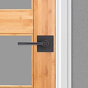 Kwikset Lisbon Keyed Entry Lever with Square Rose Featuring SmartKey Security in Matte Black