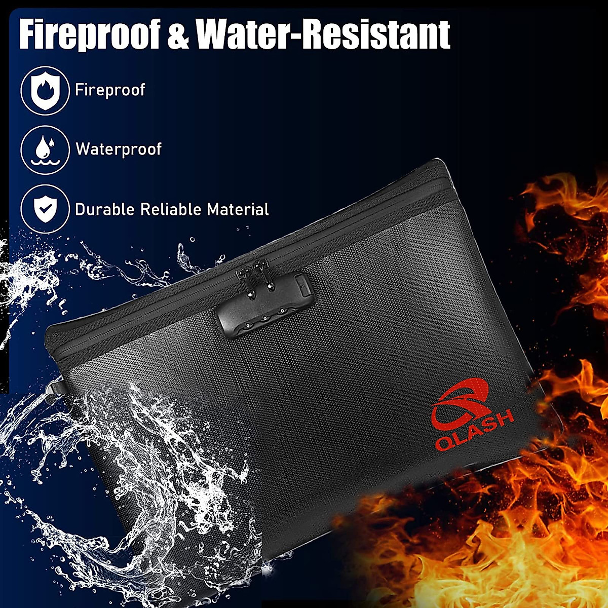 Fireproof Document Bag with Lock & Zip, 14X10" Large Fireproof Bag, Water Resistant and Fire Safe Storage for Important A4 Paper, Legal File, Cash, Battery and More