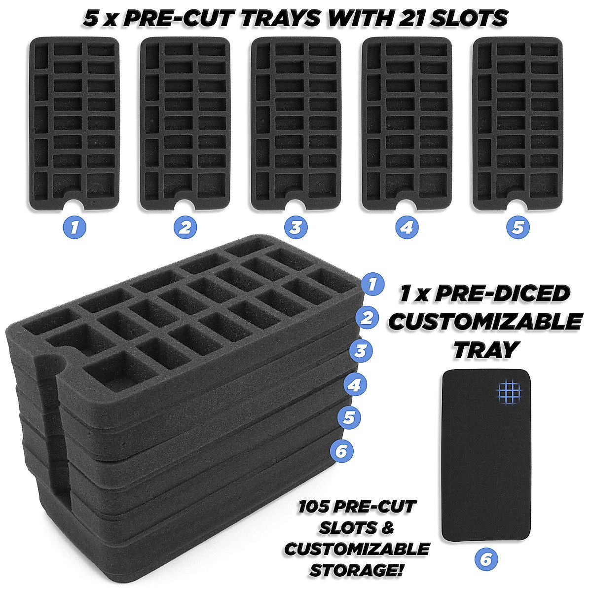 CASEMATIX Miniature Storage Hard Shell Figure Case - 105 Slot Figurine Carrying Case with Customizable Foam Tray Compatible with Warhammer 40k, DND & More!