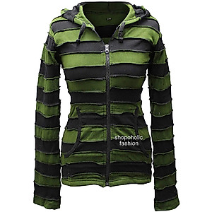 Shopoholic Fashion Women Pixie Zip Up Hoodie Striped Hippie Jacket Sweater [2XL,Green Black]