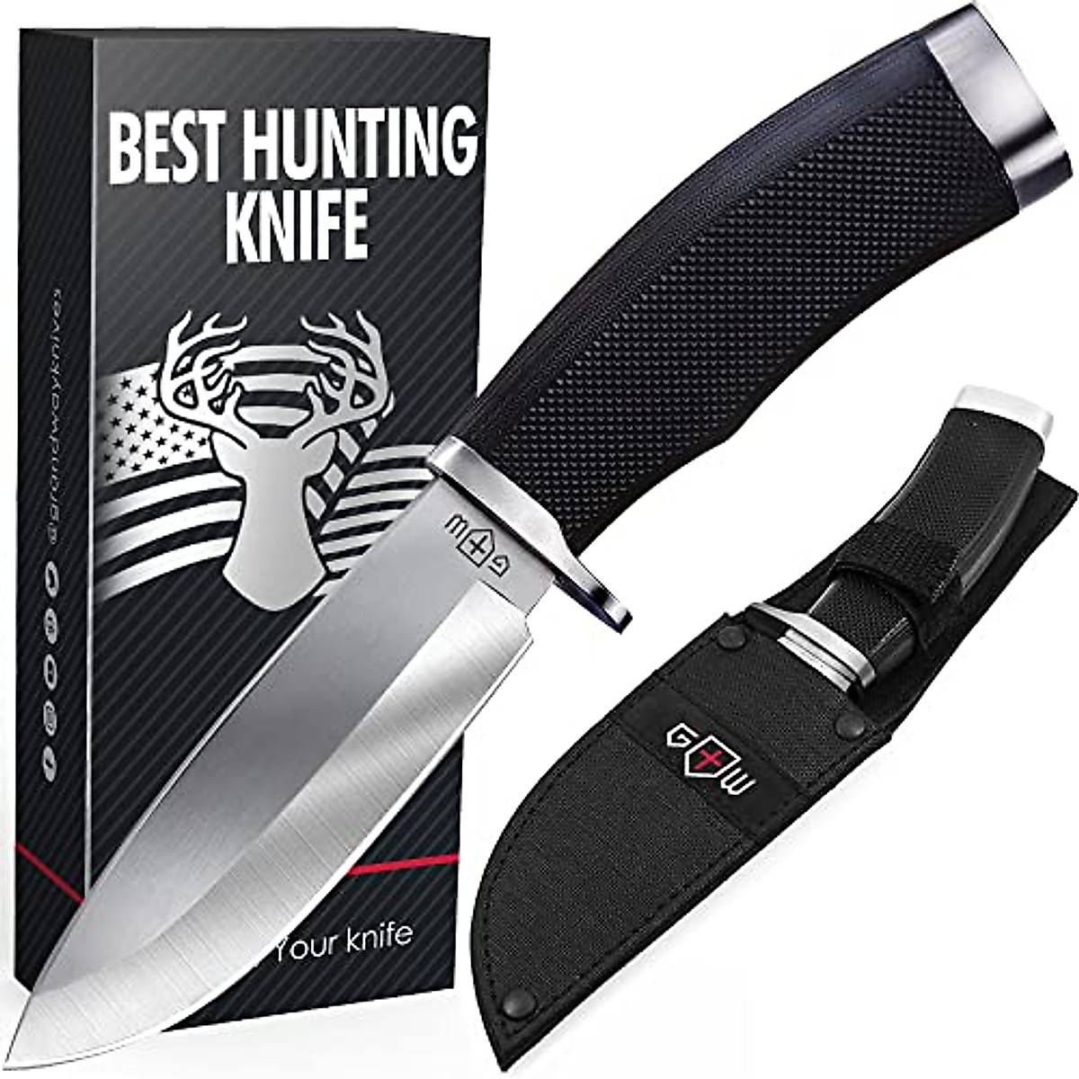 Hunting Knife with Sheath Survival Knives for Men - Best Tactical Camping Hunting Hiking Knife - Bushcraft Field Gear Accessories Tool - Fixed Blade Sharp Knofe with Rubber Handle for Men 148109