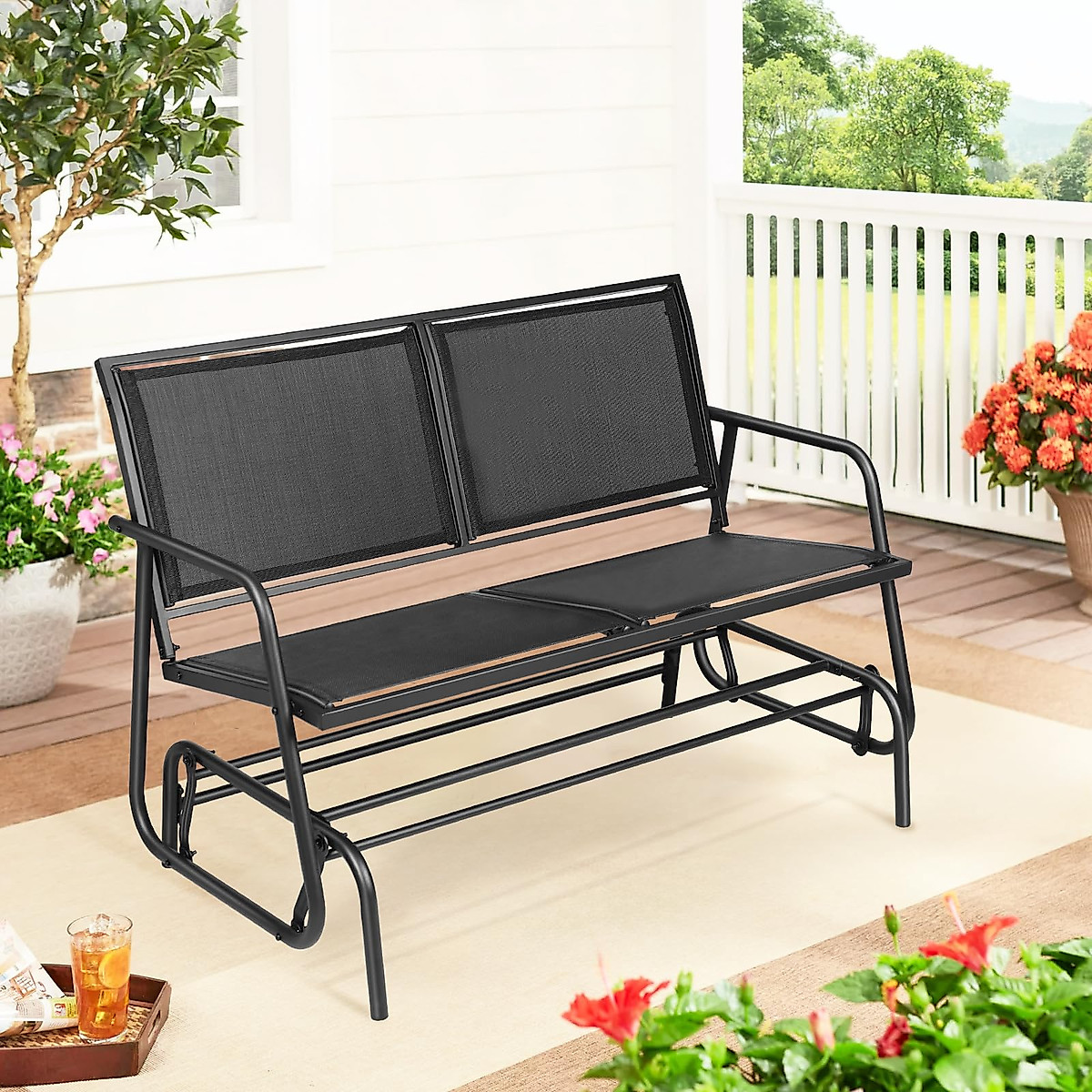 SUNCROWN Outdoor 2-Person Glider Bench, Patio Swing Rocking Chair, Loveseat, Rocker with Powder Coated Steel Frame, Textilene Fabric for Backyard, Garden, Porch, Deck(Black)