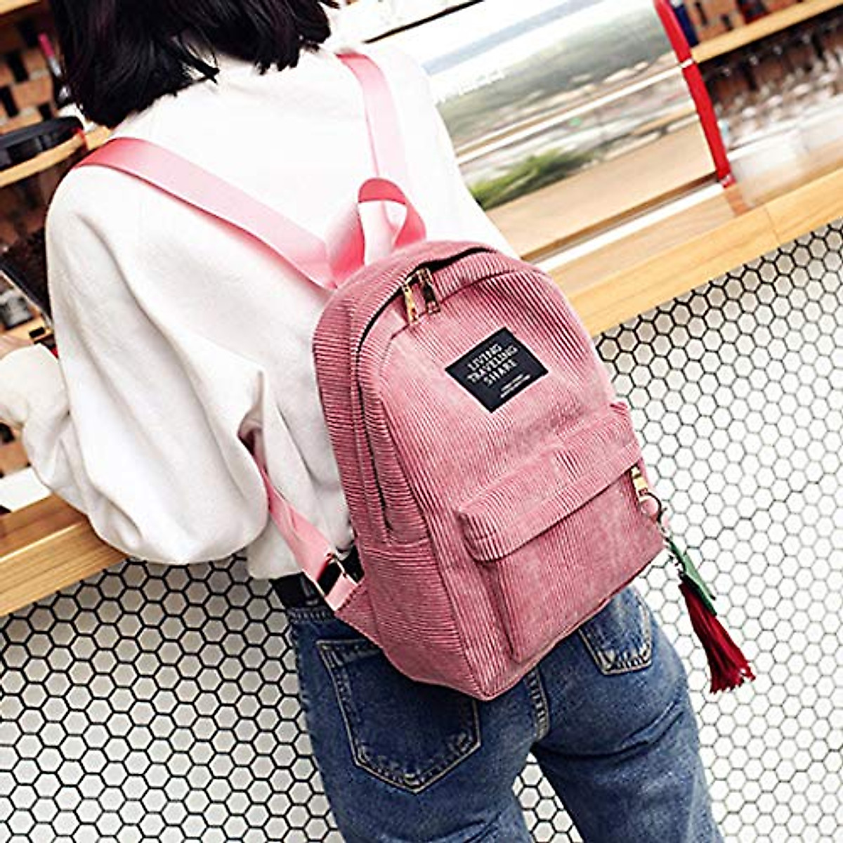RUIVE Woman Mini Simple Corduroy Backpacks Campus Style Pure Color Leisure Dark Blue Backpack Kids (Pink, one size)