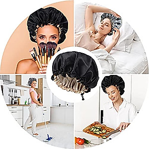 SUNLAND Satin Bonnet Hair Bonnet Silky Sleeping Cap Adjustable Satin Cap for Night Sleeping Hair Wrap Reversible Double Layer Black 2Pack