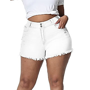 ALLEGRACE Sexy Plus Size Denim Shorts Women Distressed High Waist Shorts with Pockets 759 White 14W