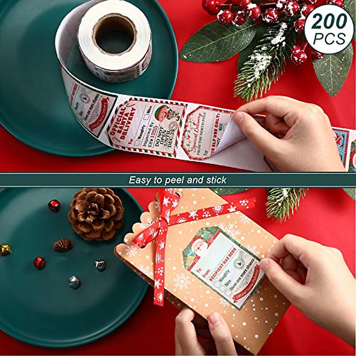 200 Pieces From Santa Claus Stickers Roll Vintage Christmas Tags Stickers Santa Delivery From The North Pole Present Stickers Labels for Kids Christmas Party Decorations, 2.3 x 3.34 Inch (Light Color)