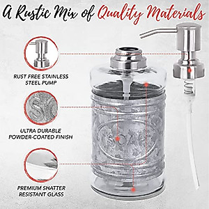 Autumn Alley Rustic Farmhouse Glass and Galvanized Bathroom Accessories Set (4 PCS) - Lotion Soap Dispenser, Toothbrush Holder, 2 Apothecary Jars (Qtip Holder) - Rustic Farmhouse Bathroom Decor