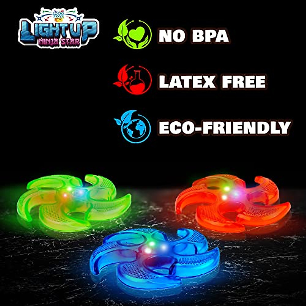 Light Up Ninja Flyers Set, 3 LED Electronic Stars, Heavy Duty Rubber Throwing Discs, Fun and Interactive Kids Toys for Tossing, Games, and Play, 3 Colors, Includes Gift Box