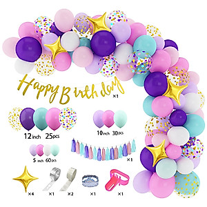 Amandir 140Pcs Unicorn Birthday Balloons Arch Garland Kit, Confetti Latex Foil Purple Pink Balloons Happy Birthday Banner Tassels for Unicorn Birthday Decorations for Girls Party Supplies