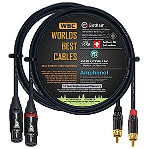 WORLDS BEST CABLES 6 Foot - RCA to XLR (Female) Cable Pair – Gotham GAC-4/1 (Black) Star-Quad Audio Interconnect Cable & Amphenol ACPL RCA & Neutrik Female XLR Gold Plugs - CUSTOM MADE