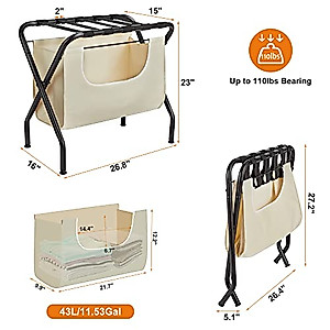 ELYKEN 4 Pack Luggage Rack with Laundry Bag, Guest Room Folding Space Saving Suitcase Holder, Max 110LBS Baggage Shelf with Heavy Duty Nylon Belts, Dirty Clothes Storage for Bedroom Hotel