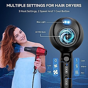 WADODO Hair Dryer, 2200W Professional Ionic Blow Dryer with Blue Ray Hair Care, Powerful Salon Fast Drying Constant Temperature Low Noise AC Motor Curly Hairdryer Blowdryer for Women Men(Black & Red)
